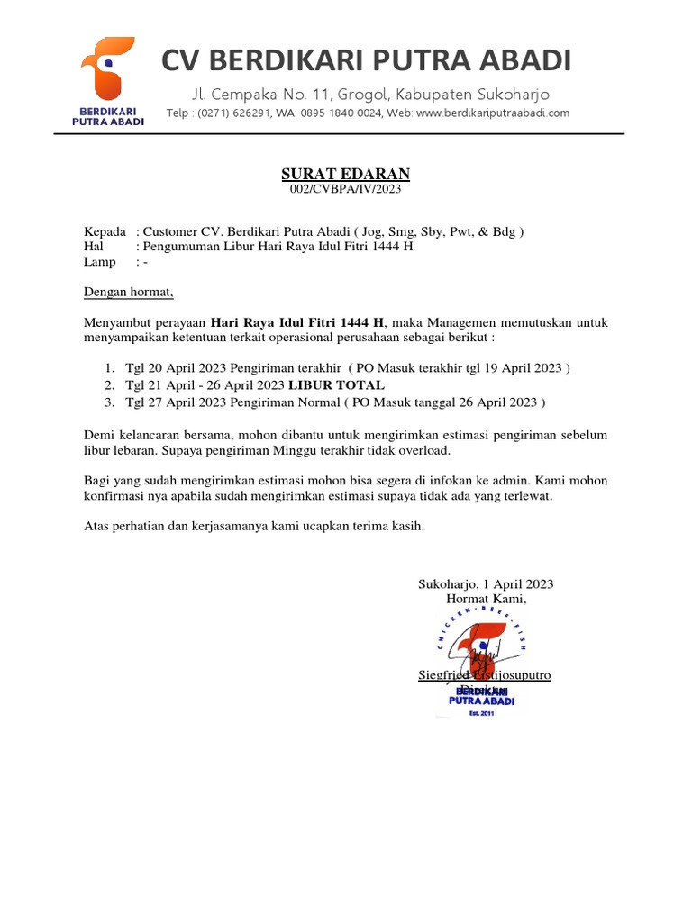 Surat Edaran Libur Lebaran 2023 (All Depo) - 1 | PDF Surat Edaran Libur Lebaran 2023 (All Depo) - 1 | PDF