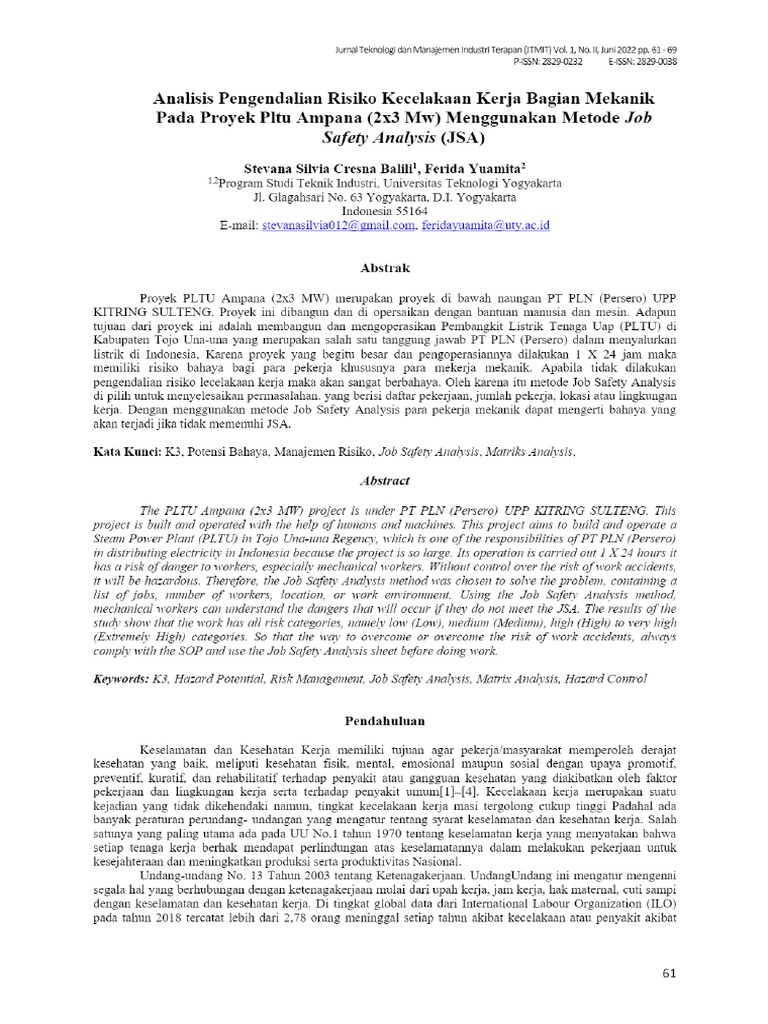 View of Analisis Pengendalian Risiko Kecelakaan Kerja Bagian Mekanik Pada Proyek PLTU Ampana ...