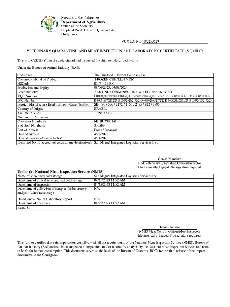 Veterinary Quarantine and Meat Inspection and Laboratory Certificate ...