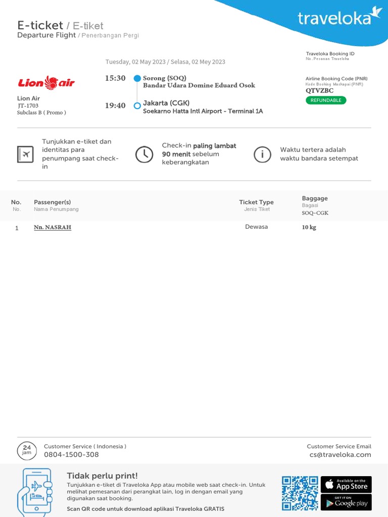 E-Ticket Departure Flight Lionair | PDF