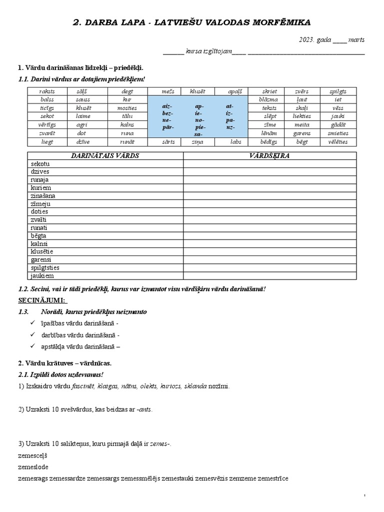 Darba Lapa - Latviešu Valodas Morfēmika: 1.1. Darini Vārdus Ar Dotajiem ...