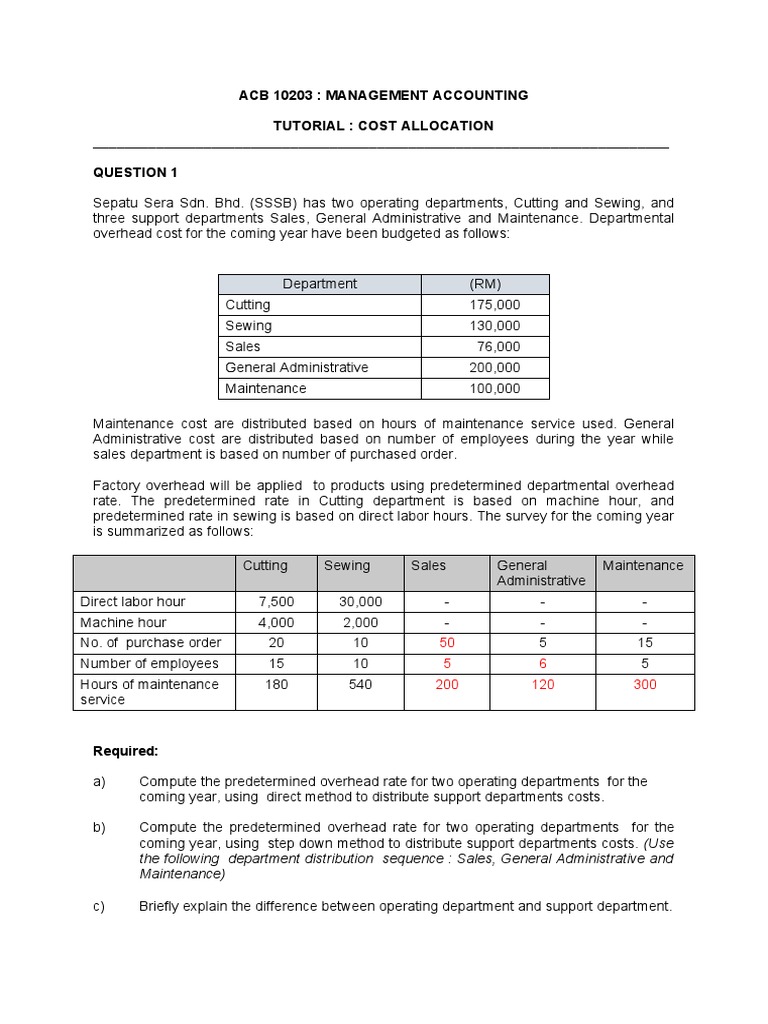 ACB 10203 tutorial cost allocation with solution | PDF