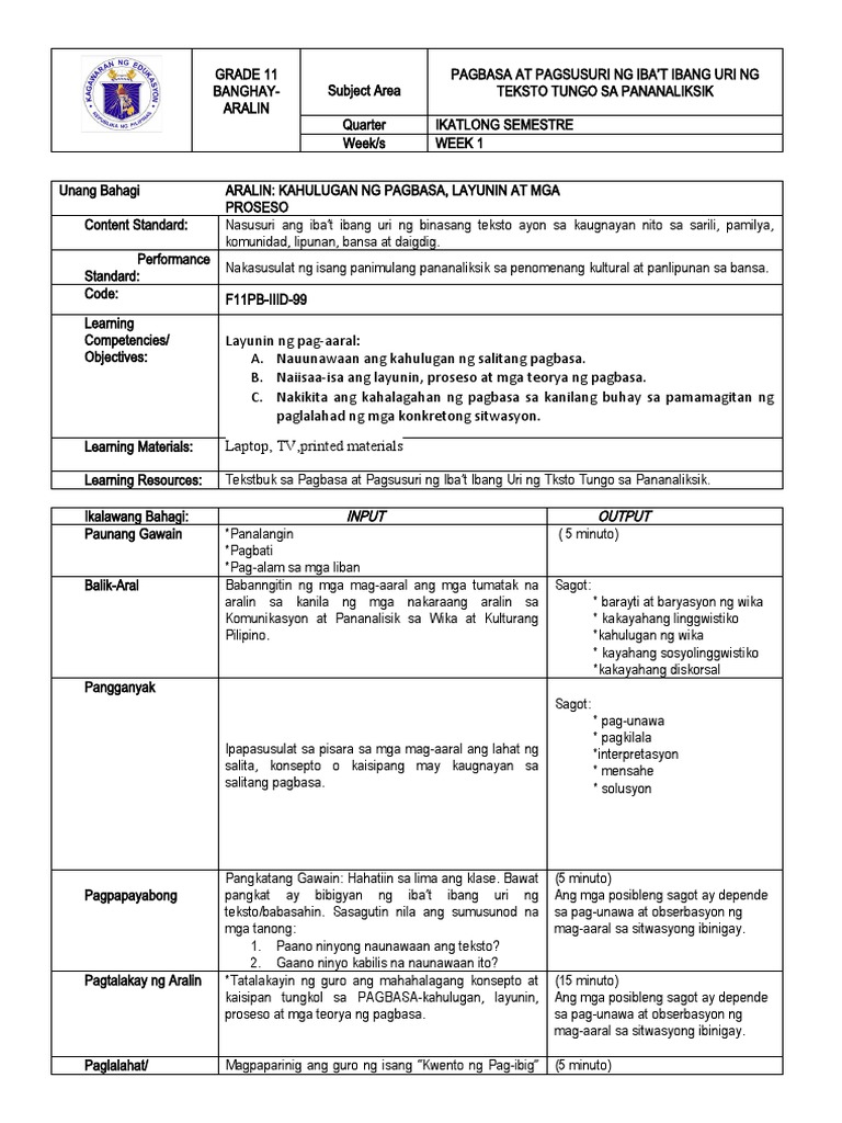 Kahulugan NG Pagbasa DLP, Lesson 1 Week 1 | PDF
