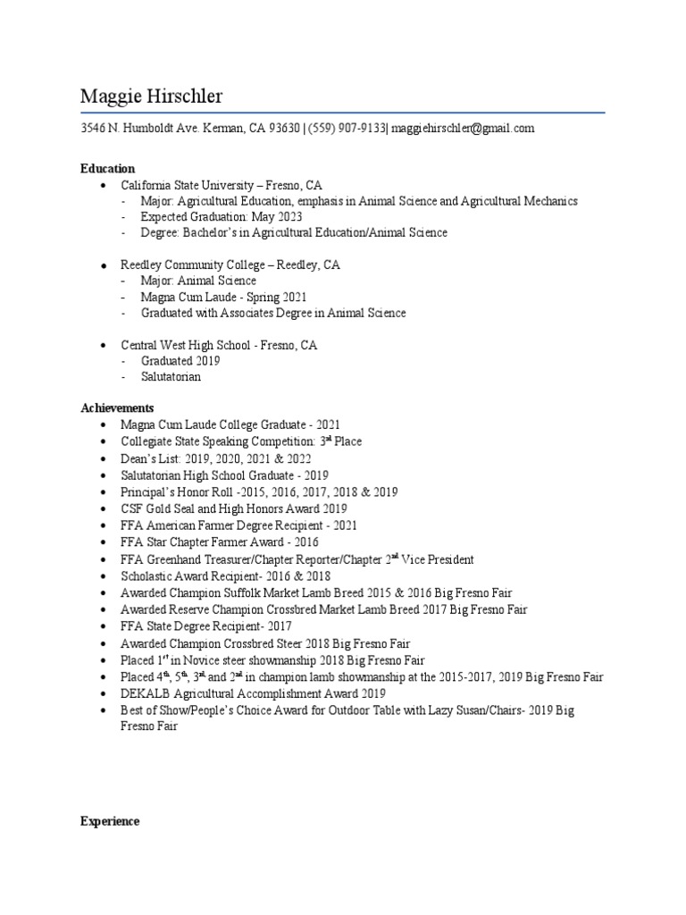 Maggie Hirschler's Agricultural Resume | PDF | Cattle | Sheep