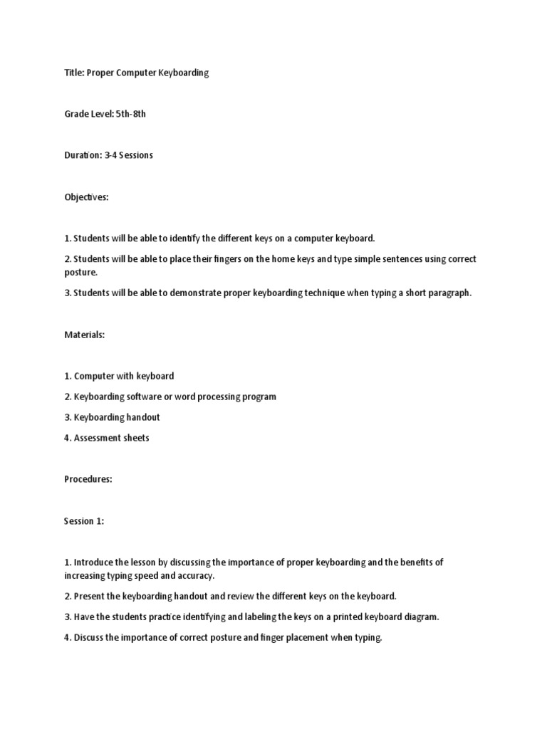Lesson Plan Keyboarding | PDF | Educational Assessment | Computer Keyboard