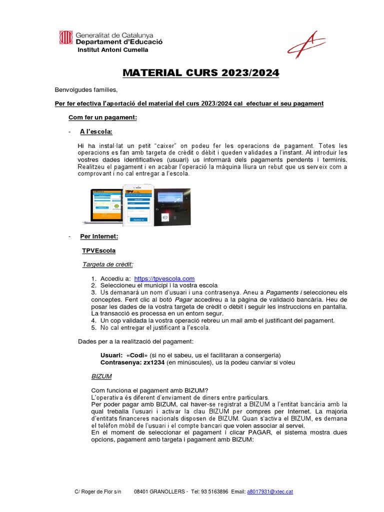 Carta de Pagament Material Batxillerat 23-24 | PDF