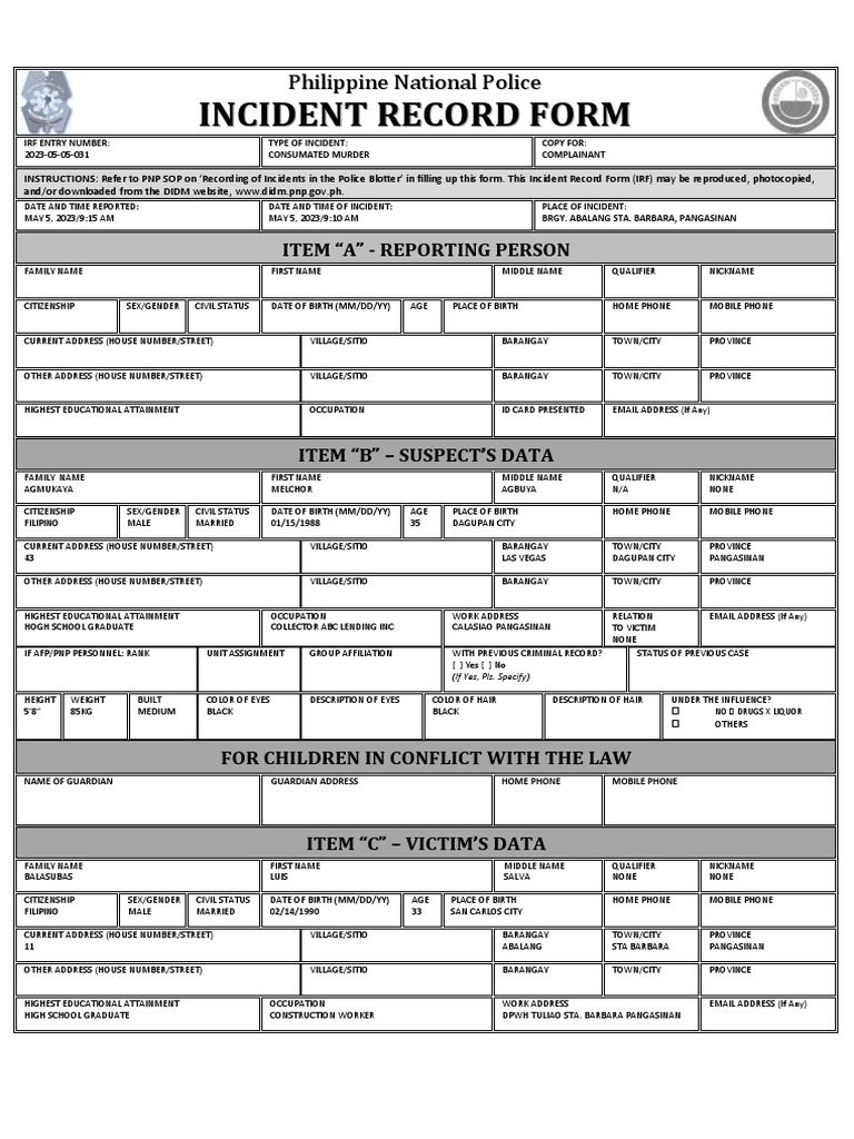 Incident Record Form | PDF | Misconduct | Criminal Justice
