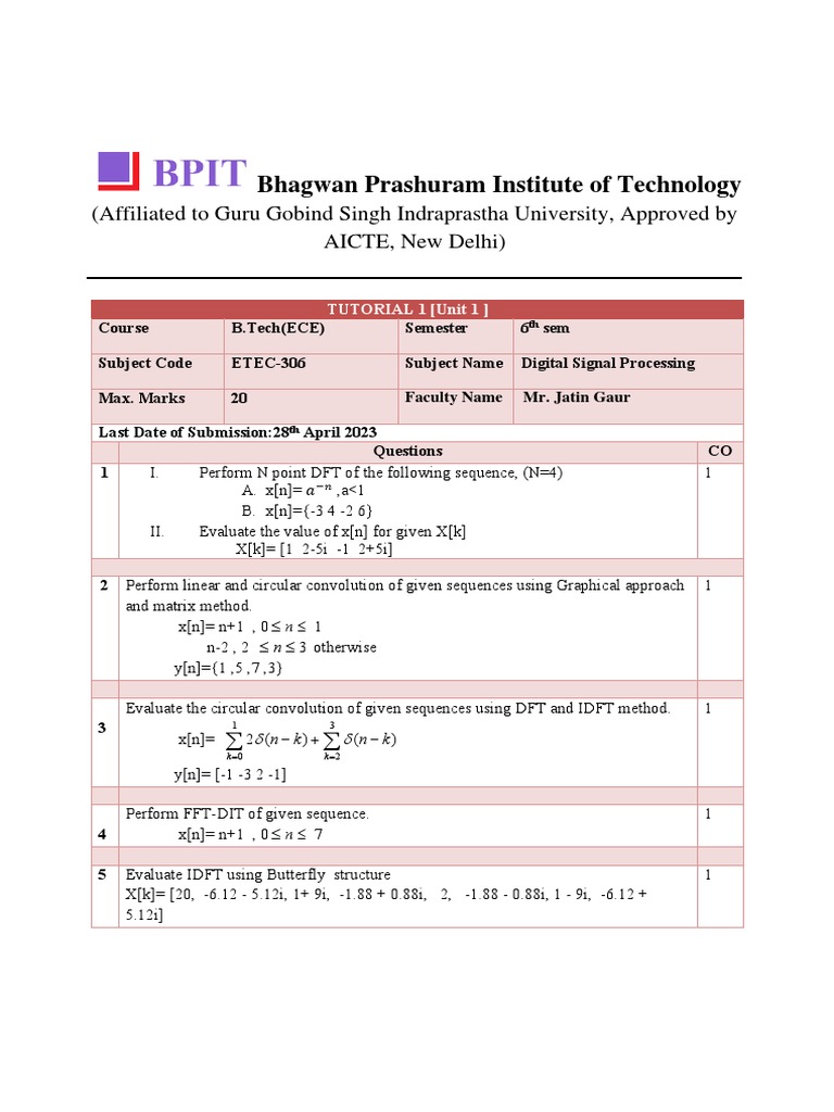 Bhagwan Prashuram Institute of Technology DSP Tutorial 1 | PDF