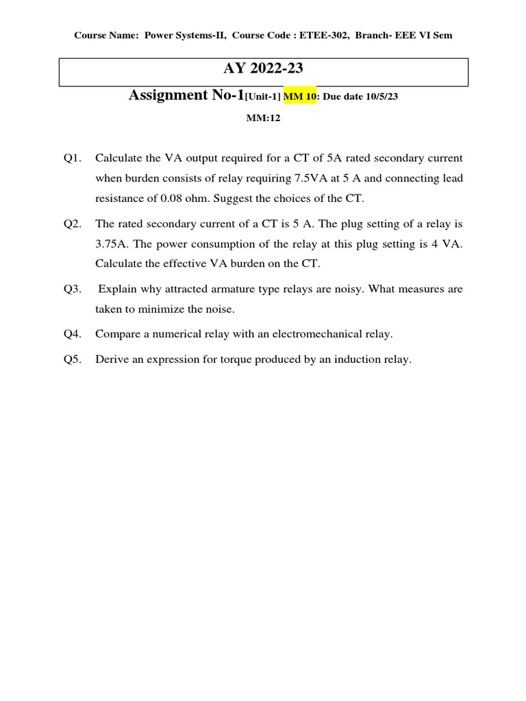 Unit-1 Power Systems-II Assignment 1 | PDF | Relay | Transformer