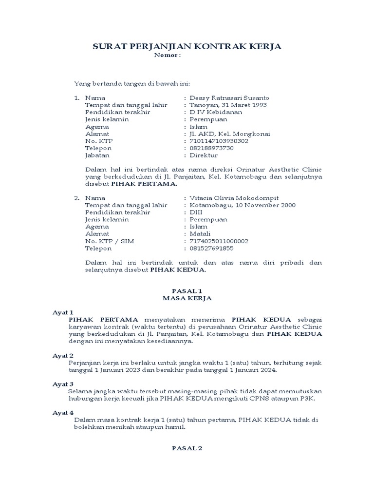 Surat Perjanjian Kontrak Kerja | PDF