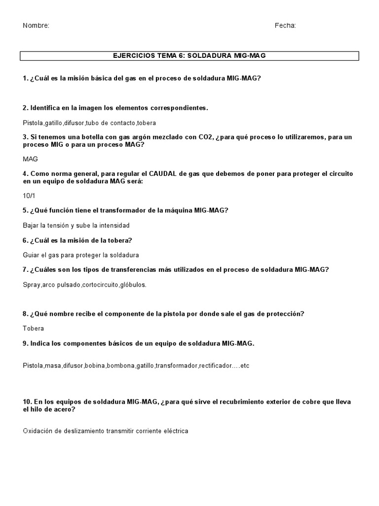 Ejercicios Tema 6: Soldadura Mig-Mag: Nombre: Fecha | PDF | Ciencias fisicas | Materiales