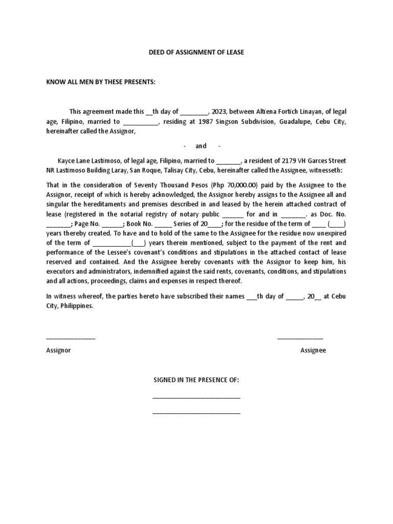 Transfer of Lease Agreement: Assignment of Lease from Altiena Fortich Linayan to Kayce Lane ...