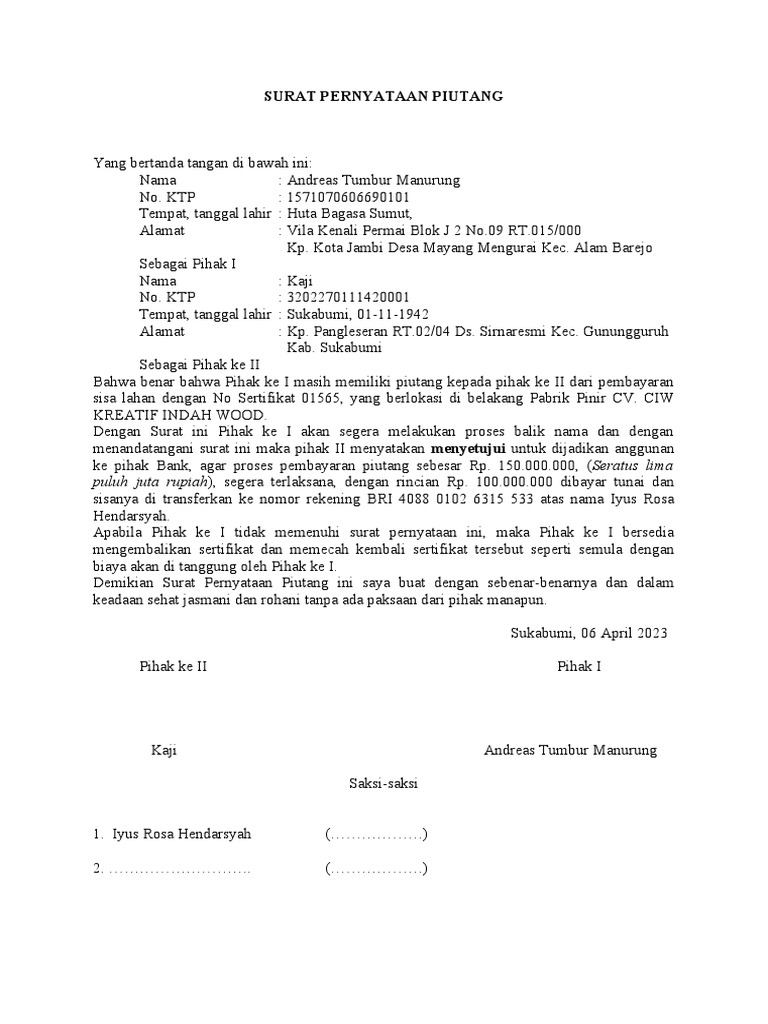 Surat Pernyataan Piutang | PDF
