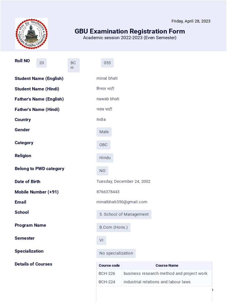 GBU Examination Registration Form: Academic Session 2022-2023 (Even ...