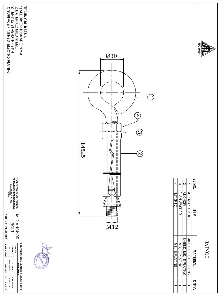 M12 Anchor Bolt Specifications and Plan | PDF