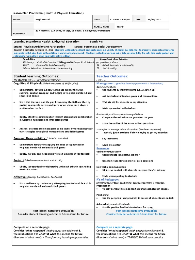 Lesson Plan Flag Footy - W1 L2 | PDF | Communication | Psychological ...