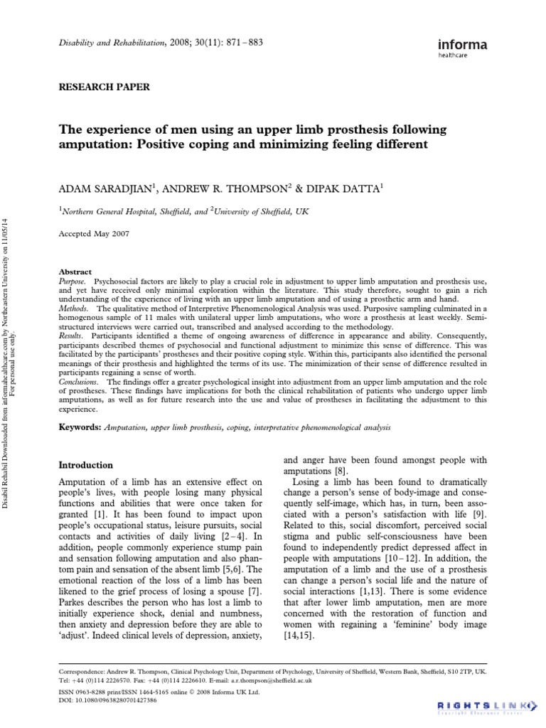 The Experience of Men Using An Upper Limb Prosthesis Following ...