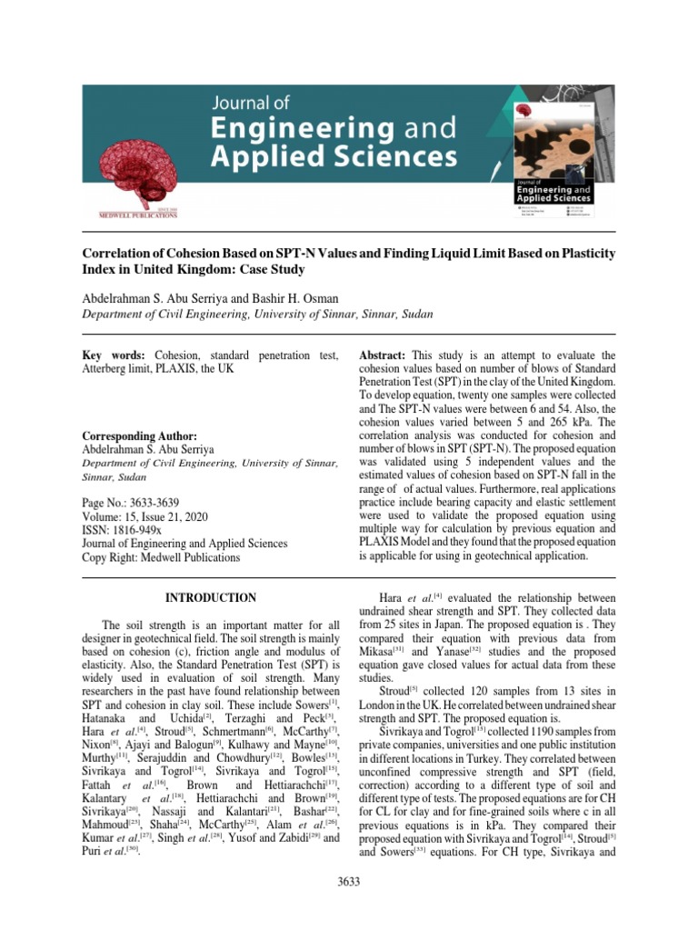 Cohesion Correlation with SPT-N Values | PDF | Continuum Mechanics ...