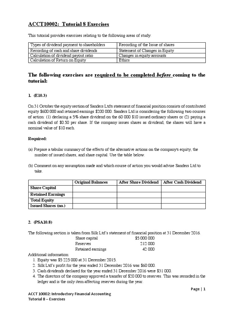 Acct10002 Tutorial 8 Exercises Pdf Dividend Equity Finance 