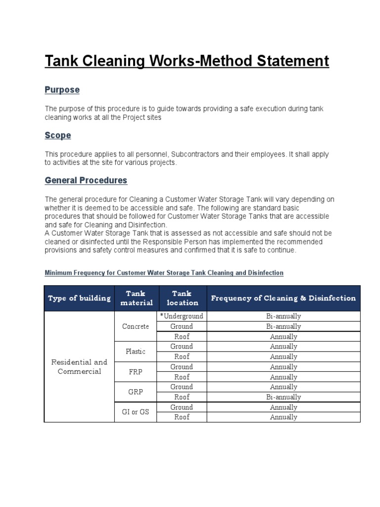 Water Tank Cleaning Method of Statement | PDF | Water | Disinfectant