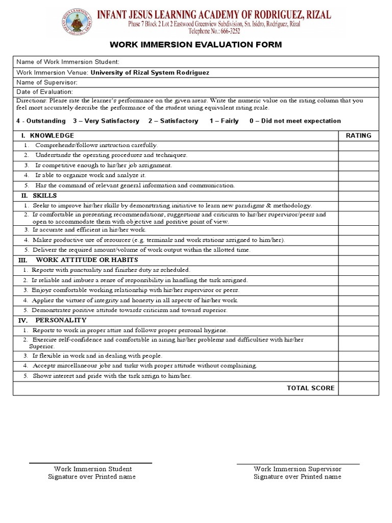 Assessing Work Performance and Professional Development: A Work Immersion Evaluation Form | PDF ...