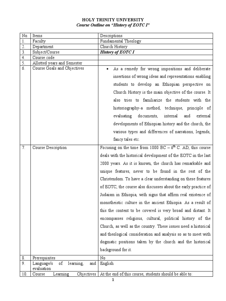 Course Outline On "History of EOTC I": Holy Trinity University | PDF