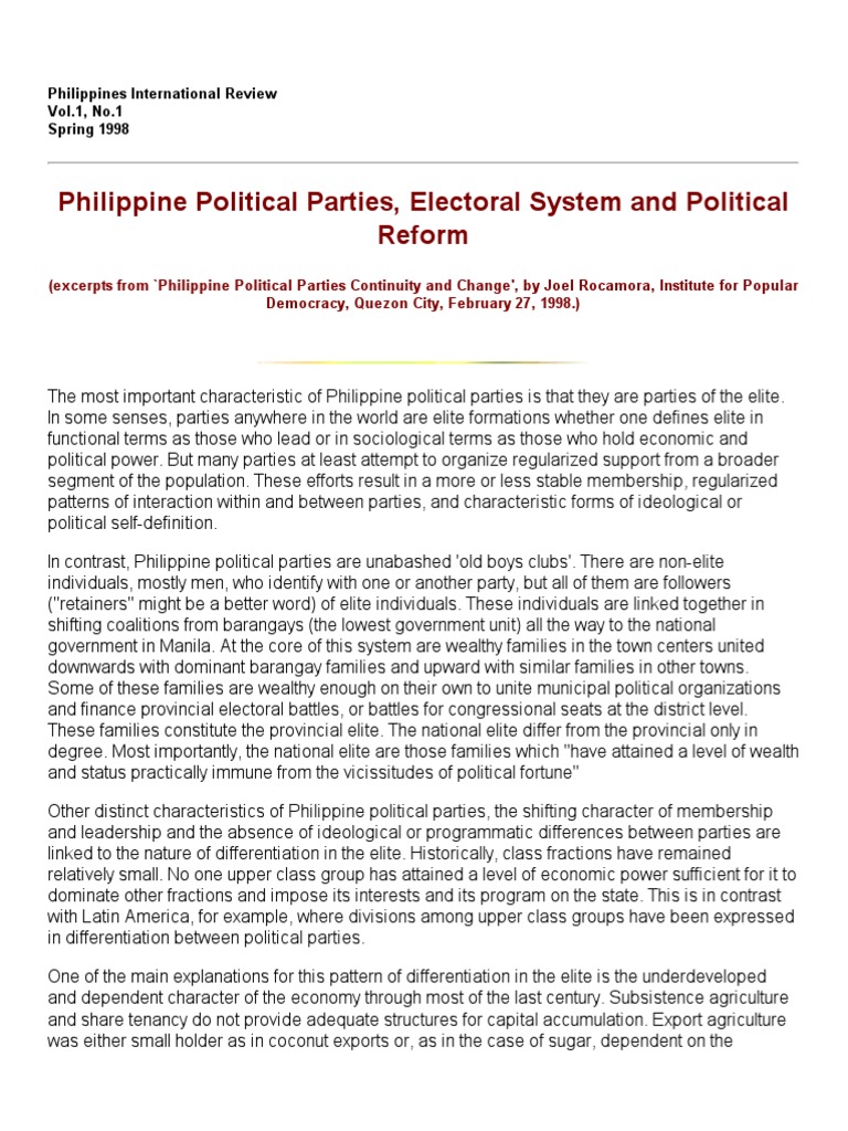 Philippine Political Parties, Electoral System and Political Reform ...