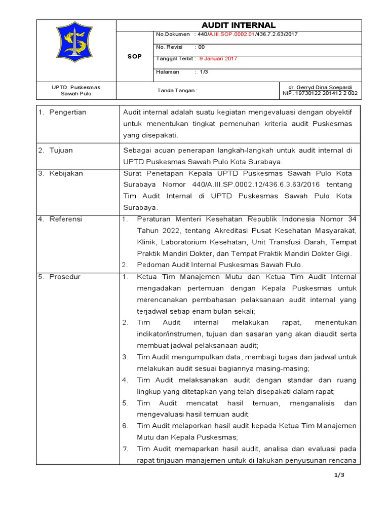 1.6.1 SOP Audit Internal (CONTOH) | PDF