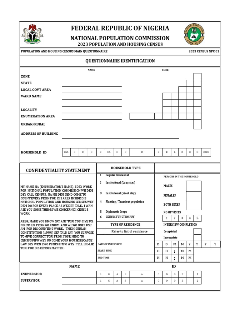 2023 Nigeria Population Census Form | PDF | Mobile Device | Information ...