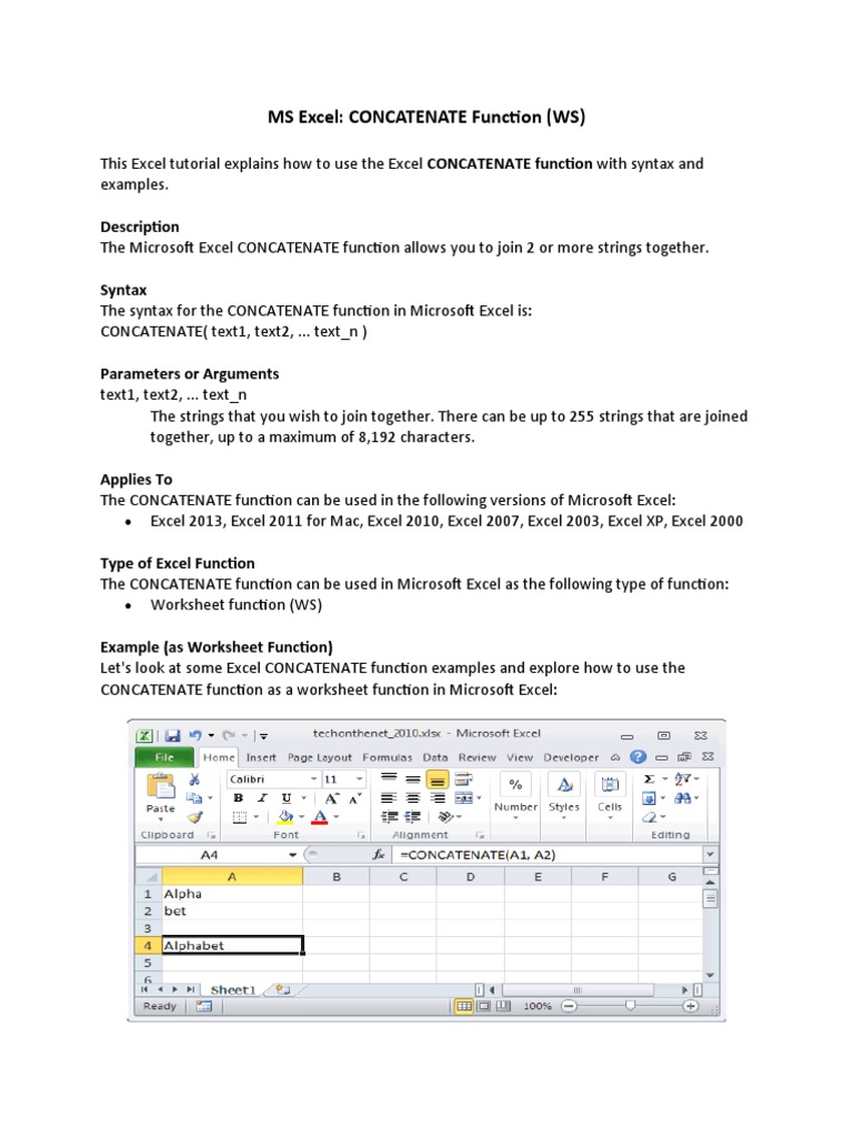 The Concatenate Function - Notes | PDF | Microsoft Excel | String ...