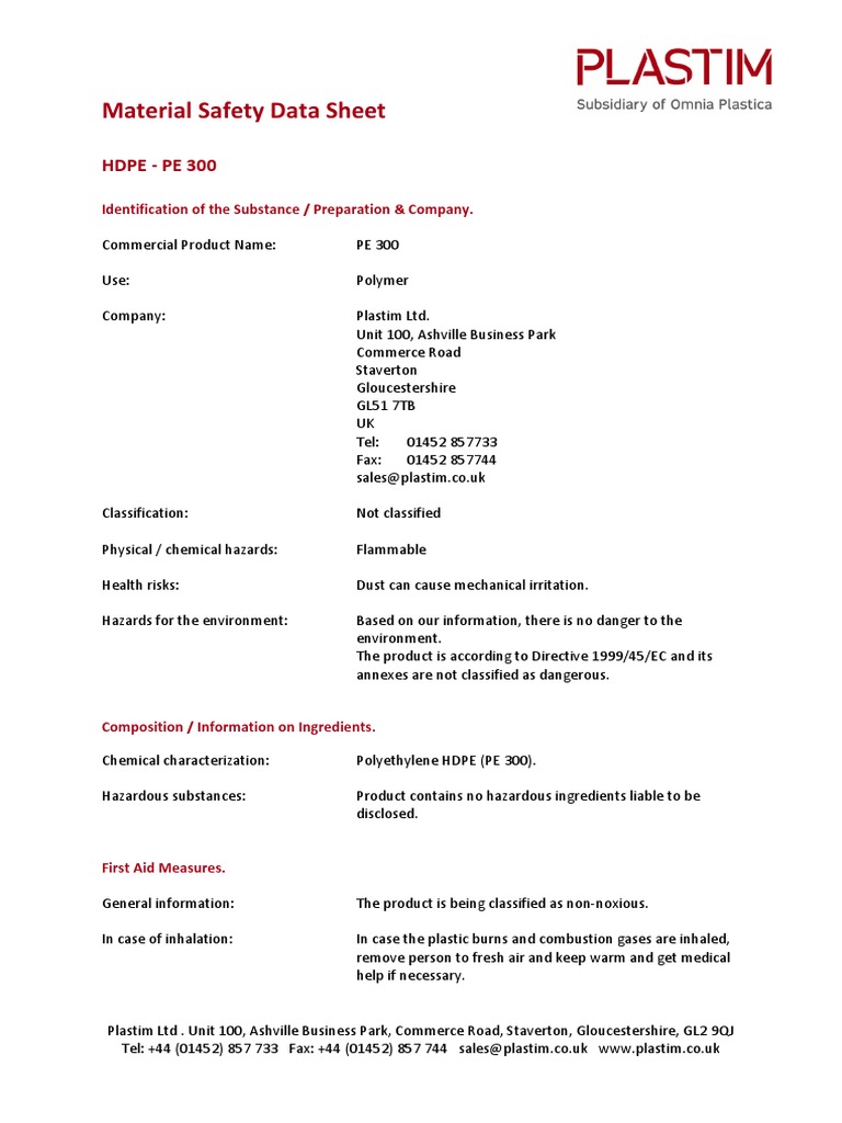 HDPE PE300 Safety Data Sheet | PDF | Carbon Dioxide | Firefighting