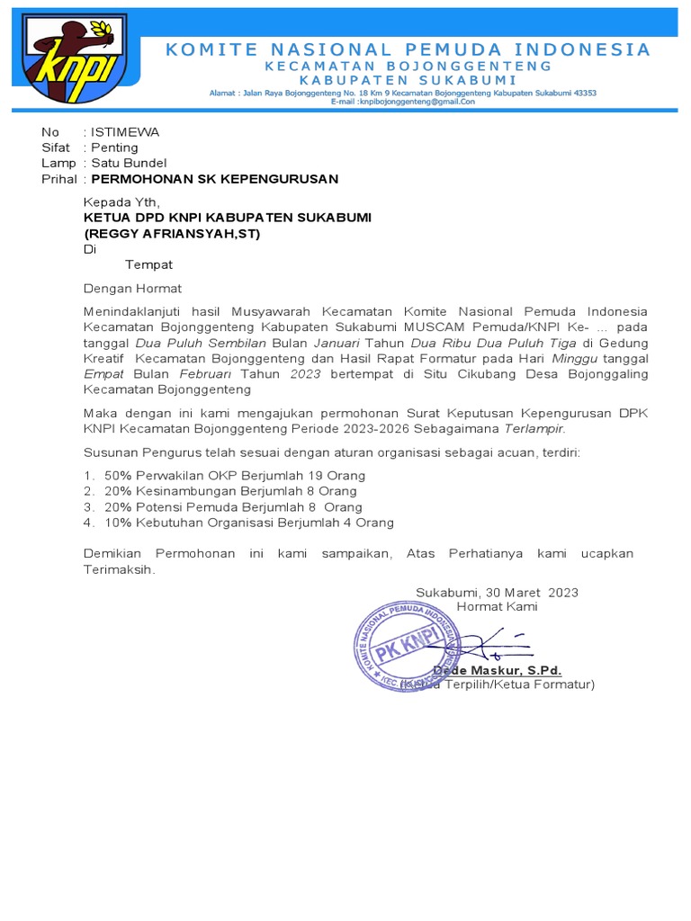 Contoh Surat Pengajuan SK DPK KNPI | PDF