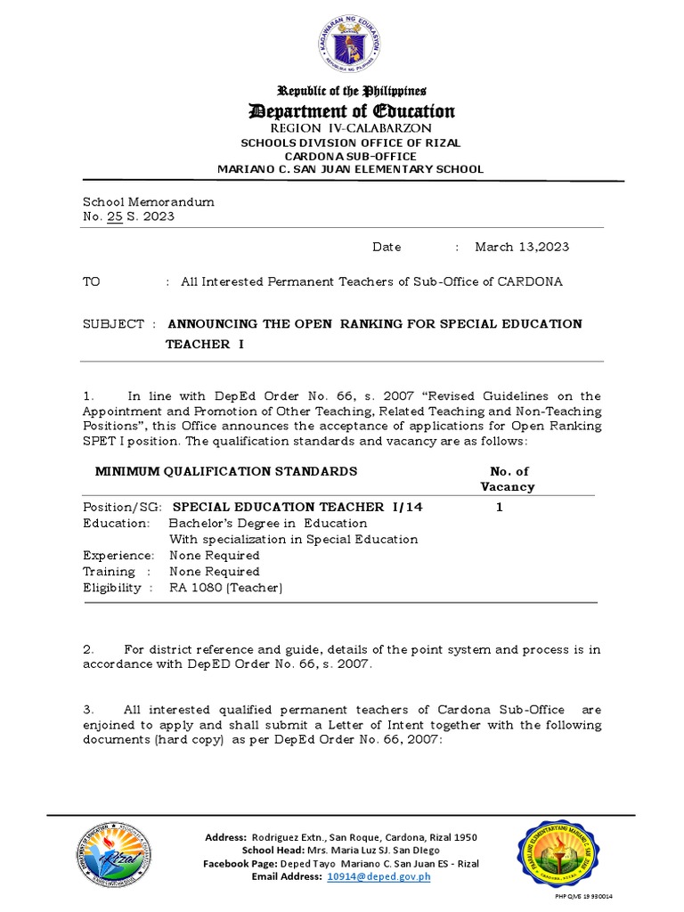 T1 Memo Selection Guidelines | PDF | Teachers