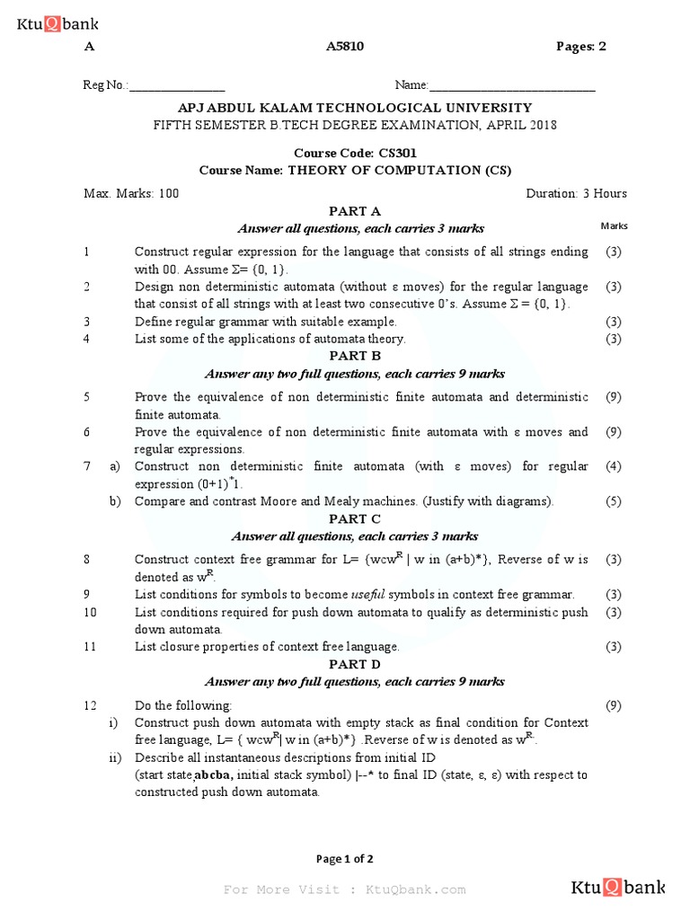 2018 April CS301-B - Ktu Qbank | PDF | Automata Theory | Logic