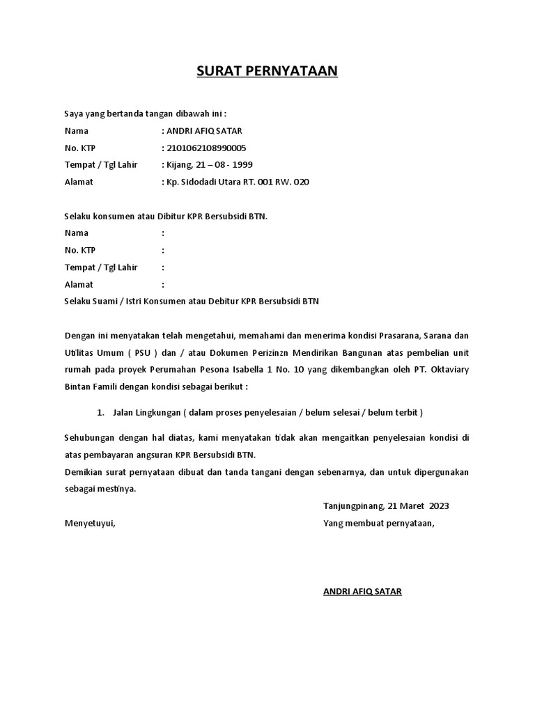 Surat Pernyataan Jalan Isabell BTN | PDF