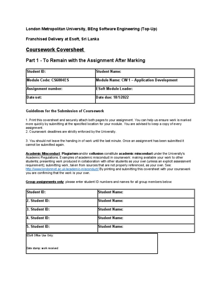 CourseWork Cover Sheet | PDF | Academic Dishonesty | Software Engineering CourseWork Cover Sheet | PDF | Academic Dishonesty | Software Engineering