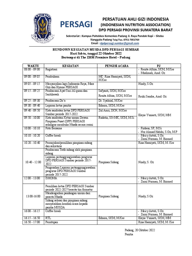 Rundown Acara Musda DPD PERSAGI Sumbar | PDF
