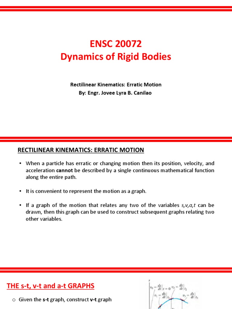 ENSC 20072 Dynamics of Rigid Bodies: Rectilinear Kinematics: Erratic Motion By: Engr. Jovee Lyra ...