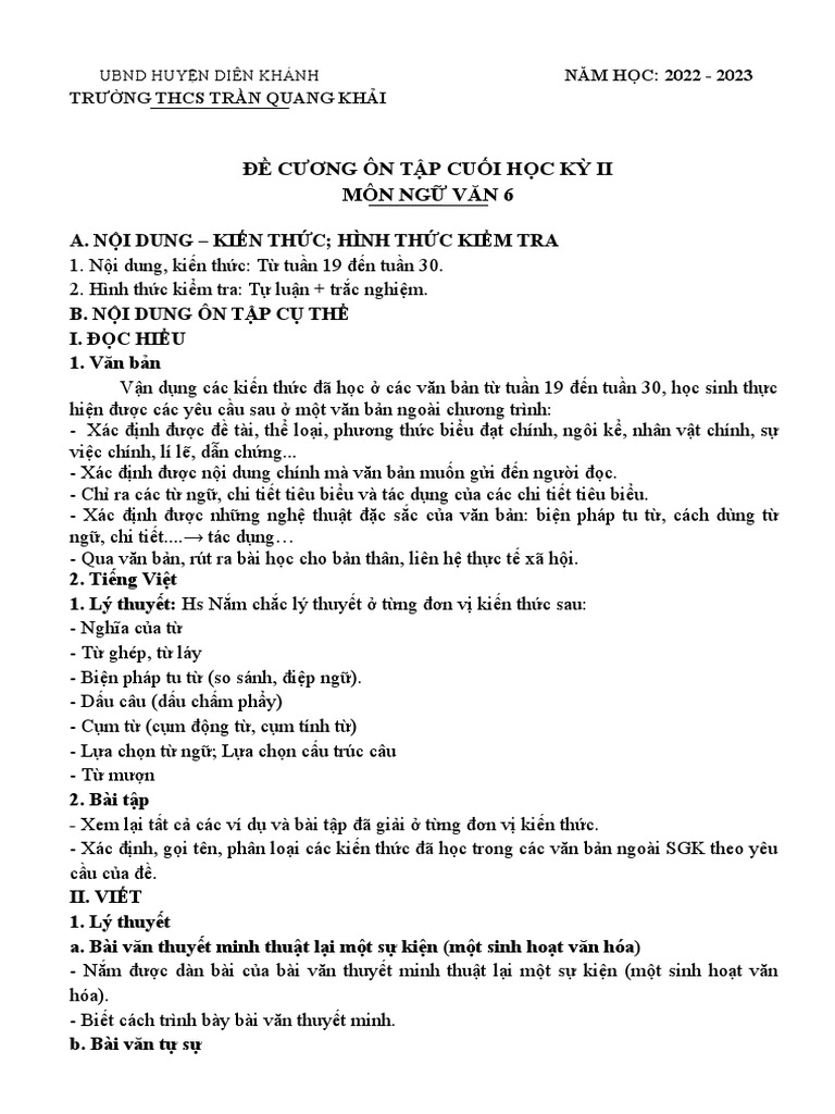 ĐỀ CƯƠNG VĂN 6 CUIỐI HK2 | PDF