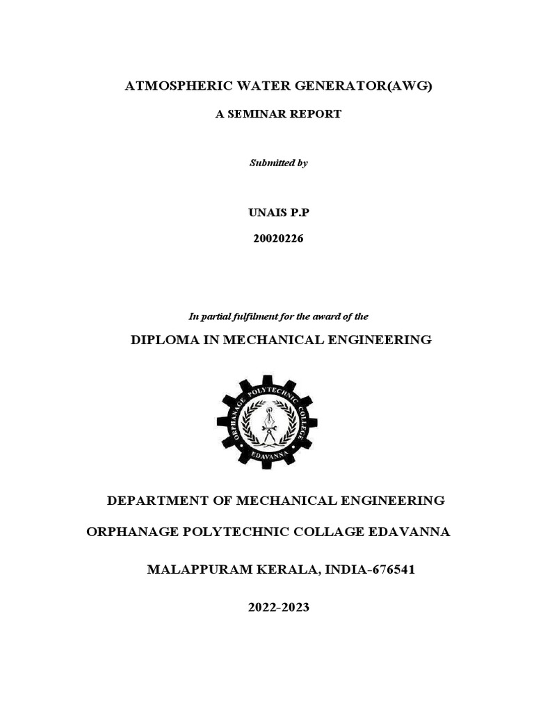 ATMOSPHERIC WATER GENERATOR Project Report Unais PP | PDF | Water | Earth Sciences