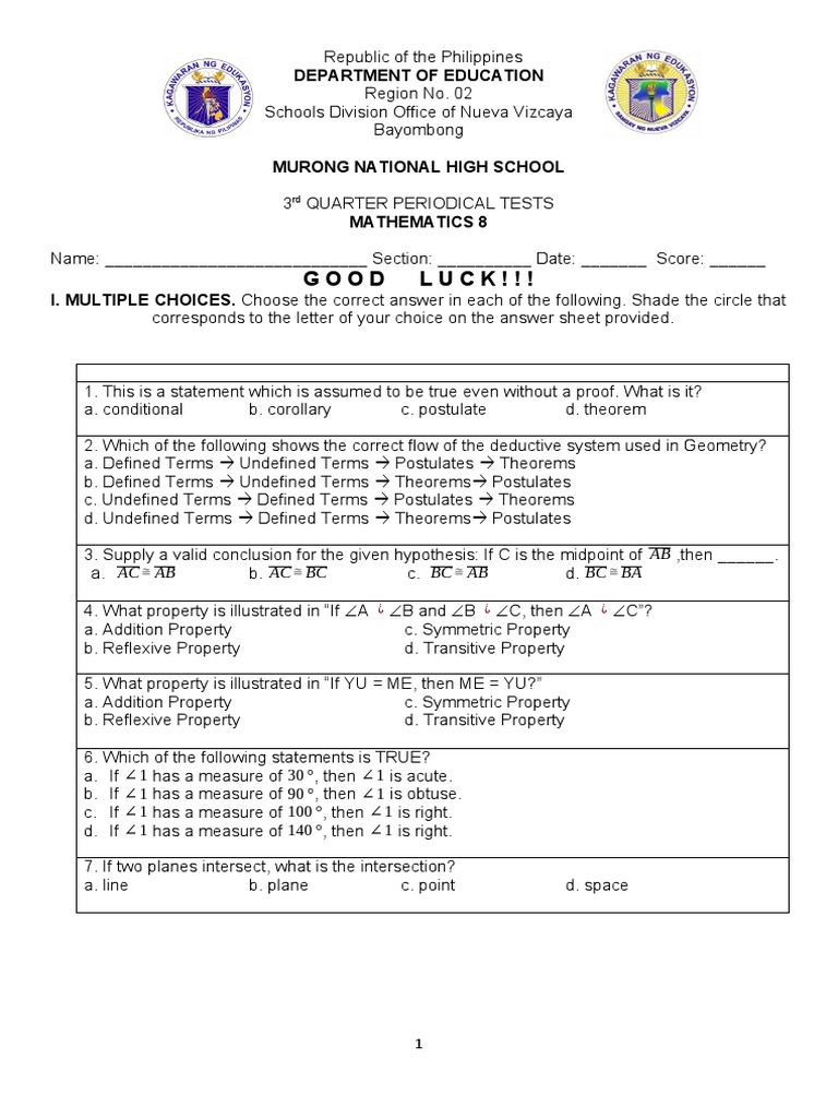 MATH 8 THIRD QUARTER EXAM (AutoRecovered) | PDF | Geometry | Elementary Mathematics