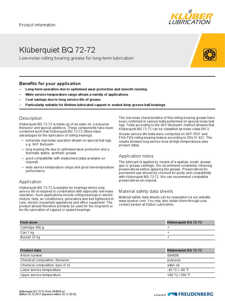 Klüberquiet BQ 72-72 EN en | Download Free PDF | Bearing (Mechanical) | Lubricant