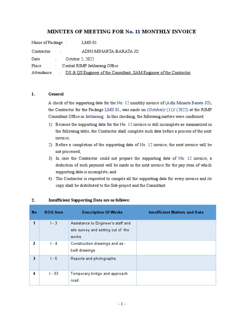 010a Format for Minutes of Meeting for Monthly Invoice MC 12 | PDF ...