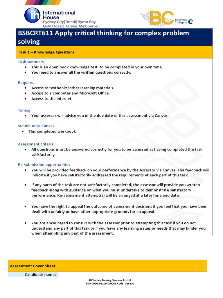 BSBCRT611 Apply Critical Thinking For Complex Problem Solving Task 1 | PDF
