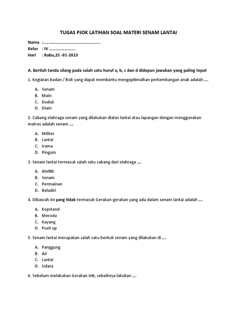 Latihan Soal PJOK Kelas 4 | PDF