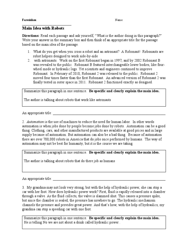 Main Idea With Robots: Directions: Read Each Passage and Ask Yourself ...