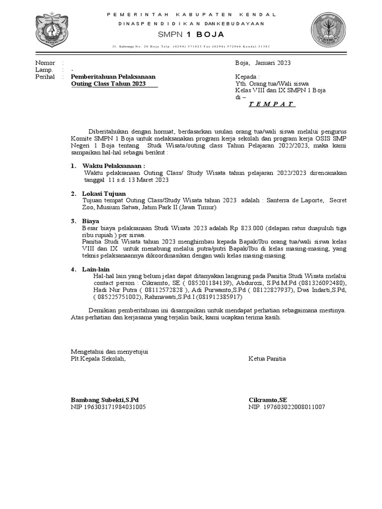 Pemberitahuan Study Tour Awal 2023 | PDF