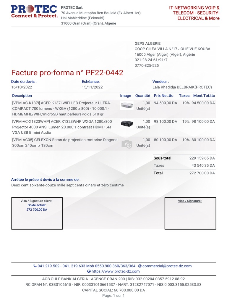 Facture Pro-Forma PF22-0442 | PDF