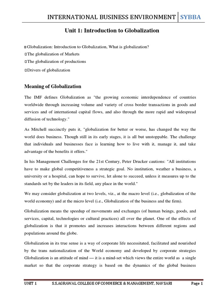 IBE Unit-1 Introduction To Globalization - Updated | PDF | Globalization | United Nations
