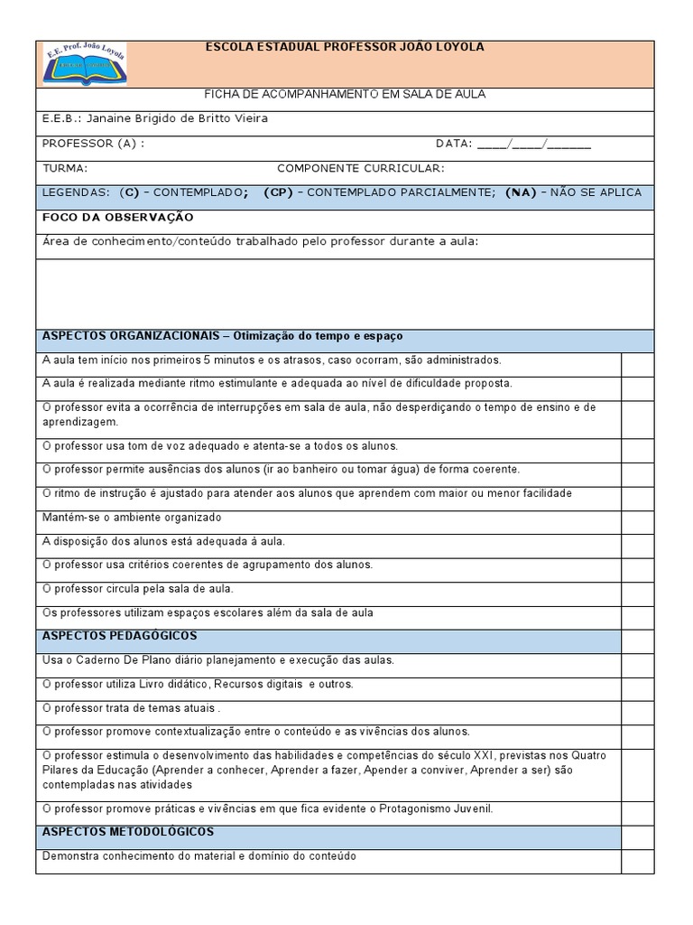 Ficha de Acompanhamento em Sala de Aula | PDF | Lição | Aprendizado